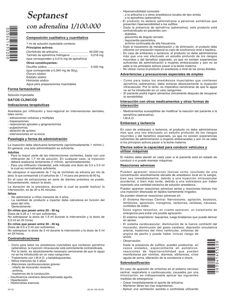hoja de uso Septanest- | PDF | Medicamentos con receta | Drogas