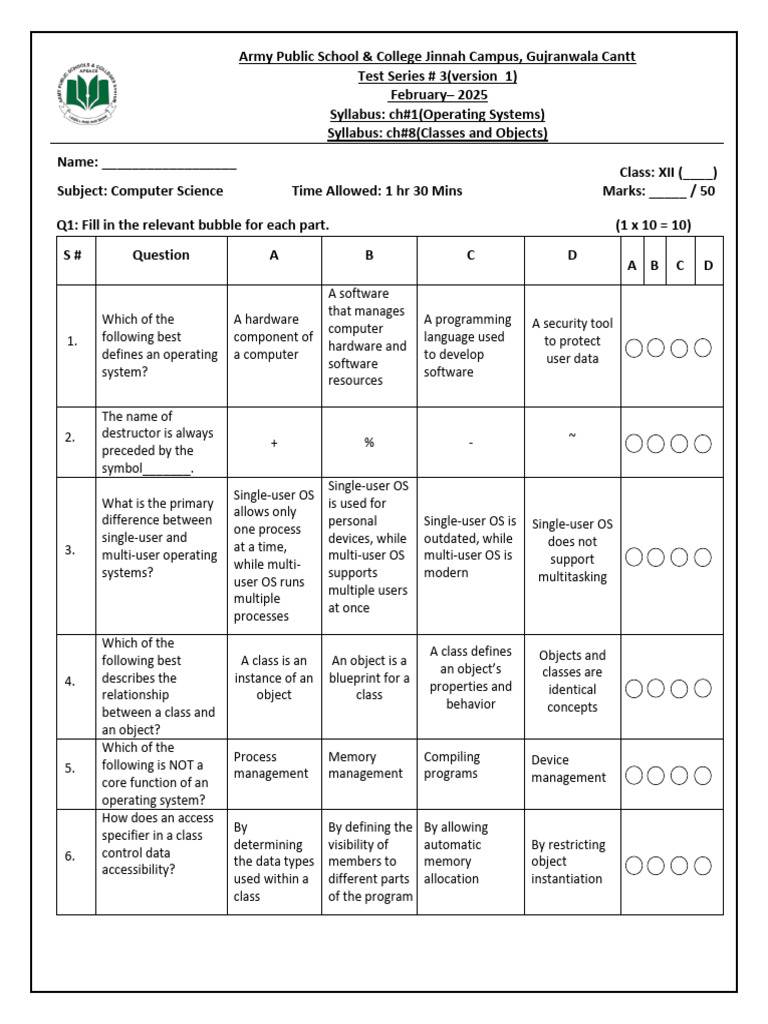 Computer Science Test: OS & OOP Concepts | PDF | Class (Computer ...
