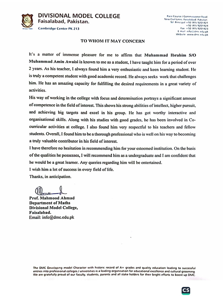 Muhammad Ibrahim Reference Letter 1 | PDF