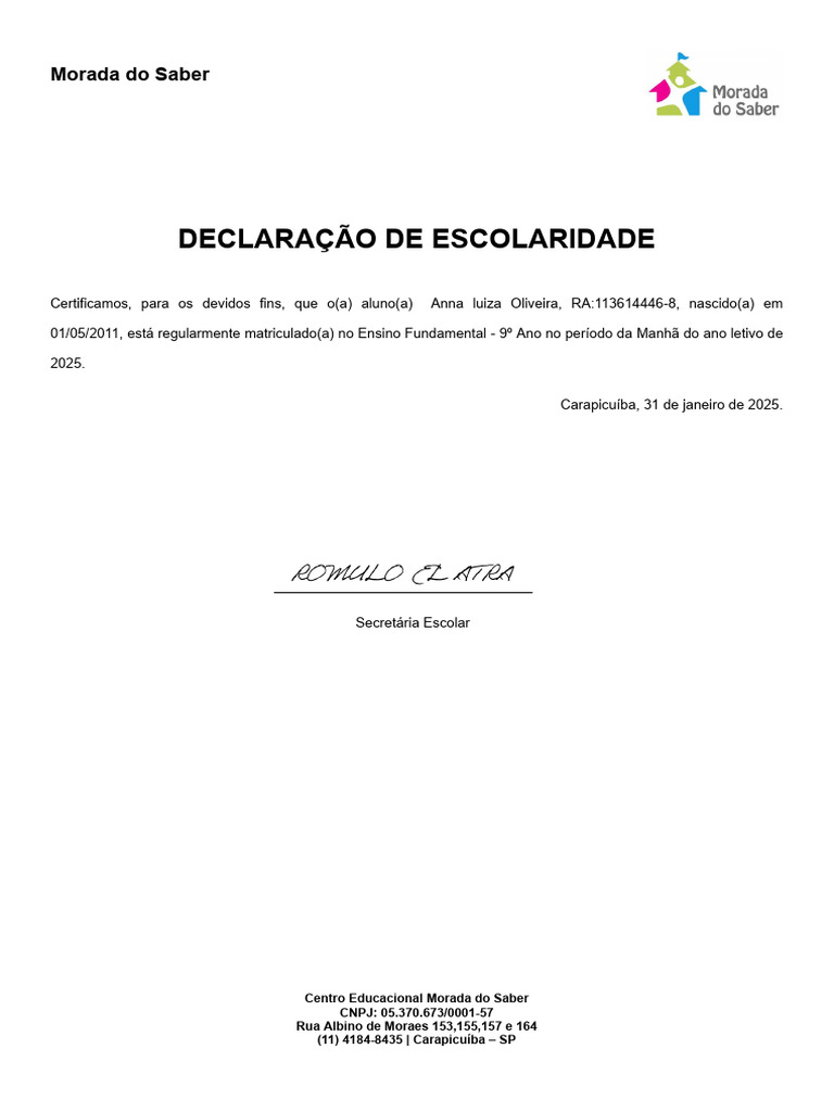 Declaração de Escolaridade - Anna Luiza | PDF