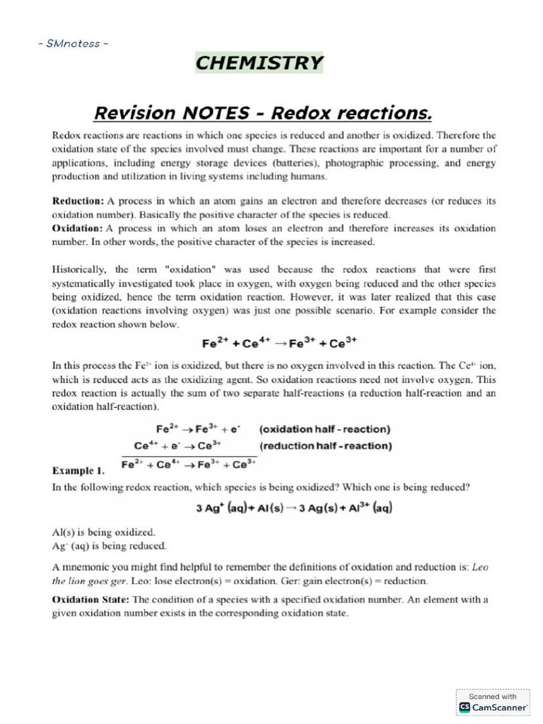 Chemistry - Redox Reactions Notes - Cambridge | PDF