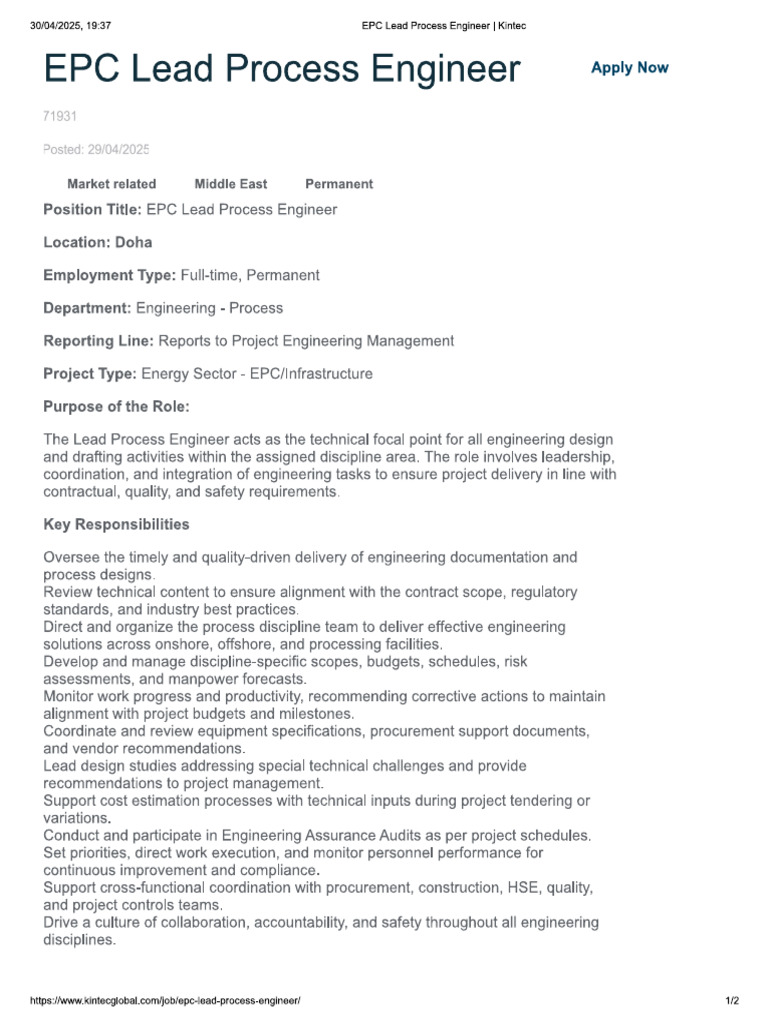 JD UAE Kinetec EPC Lead Process Engineer | PDF