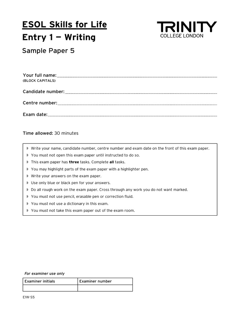 ESOL Entry 1 Writing Exam Sample | PDF
