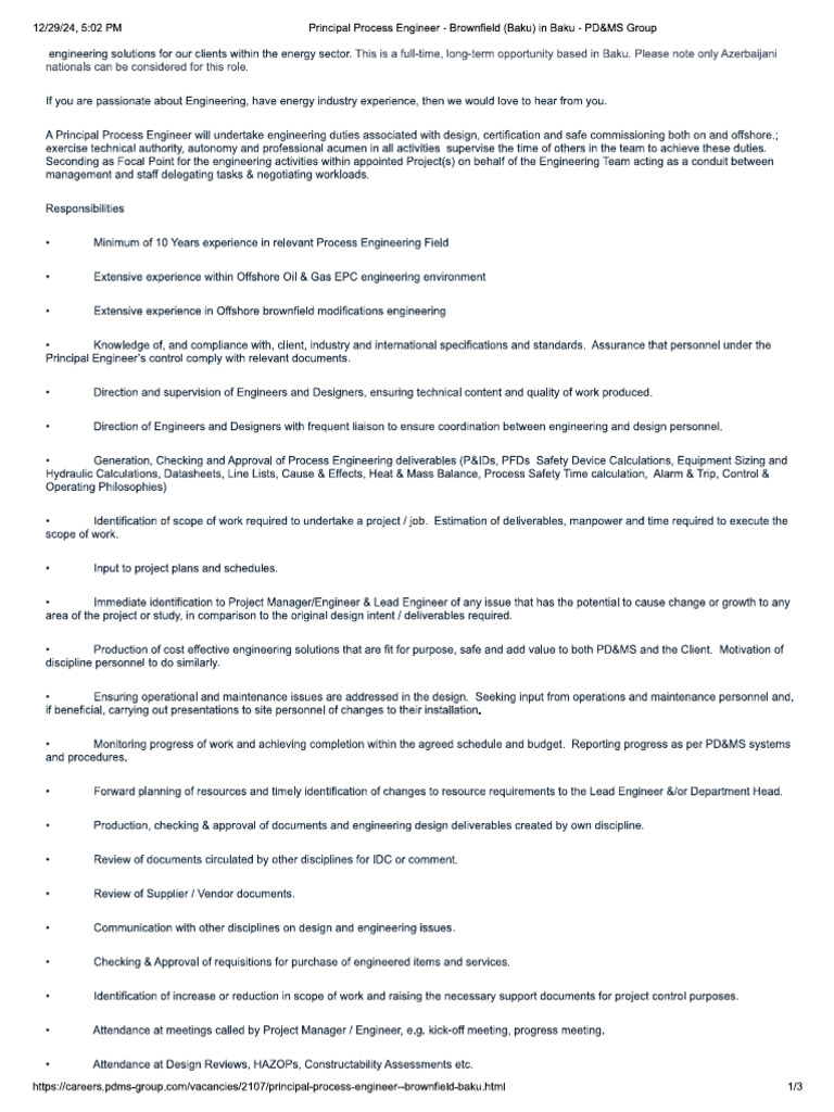 JD Process Engineer Brownfield | PDF