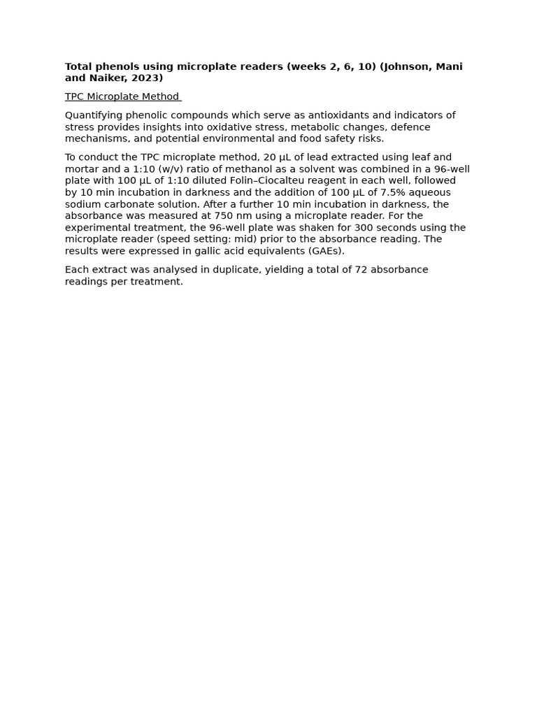 Total Phenols Quantification Method | PDF