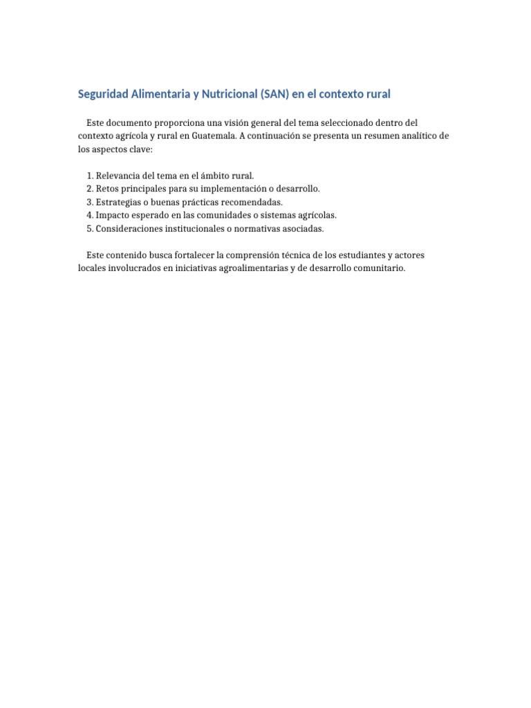 Seguridad Alimentaria y Nutricional (SAN) en El Contexto Rural | PDF