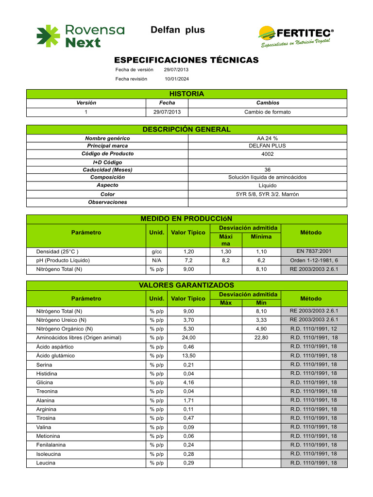 Delfan Plus - Ficha Tecnica | PDF | Biología estructural | Ácidos orgánicos
