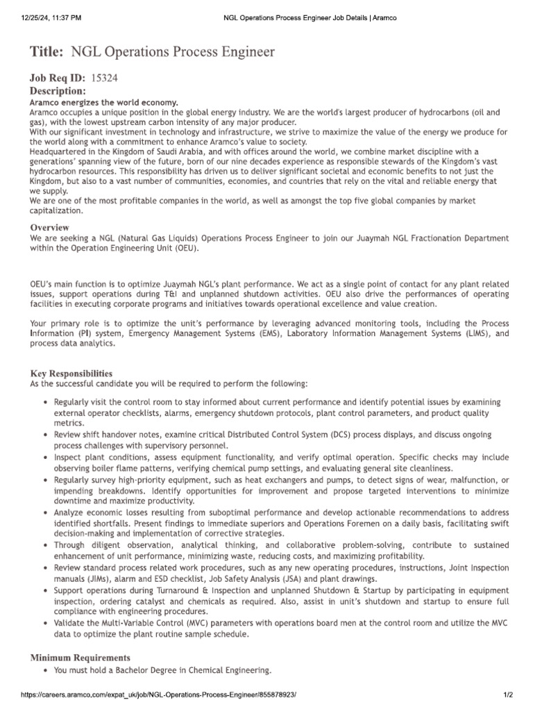 JD NGL Operations Process Engineer Aramco | PDF