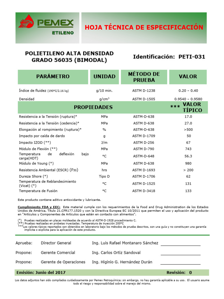 Especificaciones del Polietileno HD 56035 | PDF | Materiales