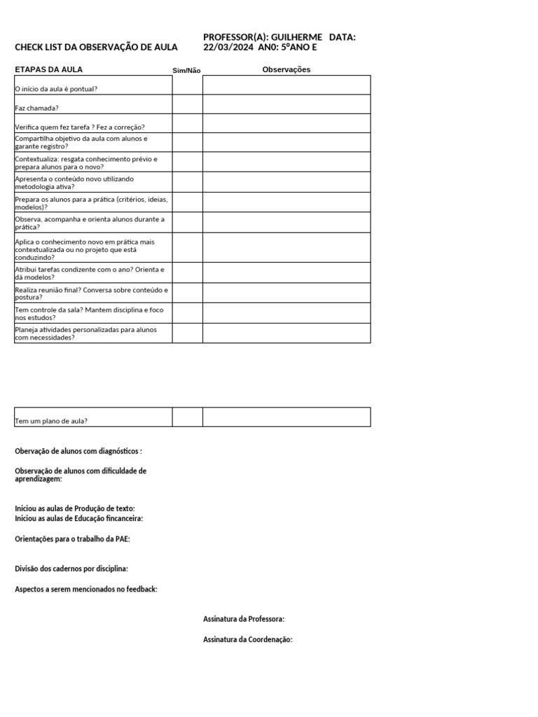 Check List Observação de Aulas | PDF