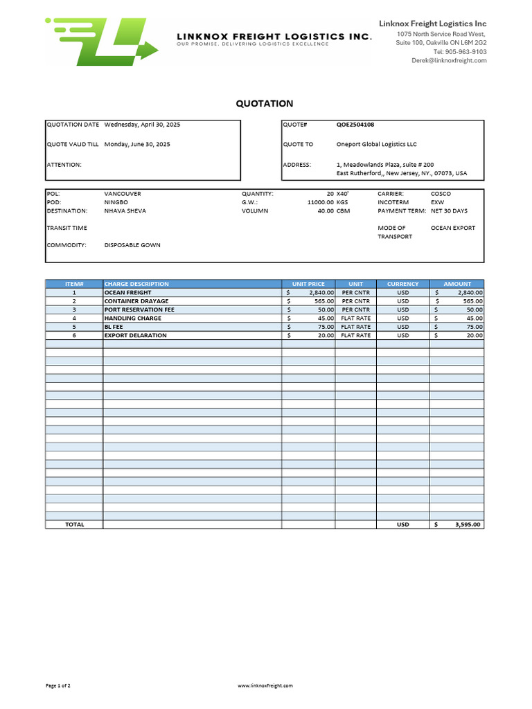 Freight Quotation for Ocean Export | PDF | Cargo | Logistics