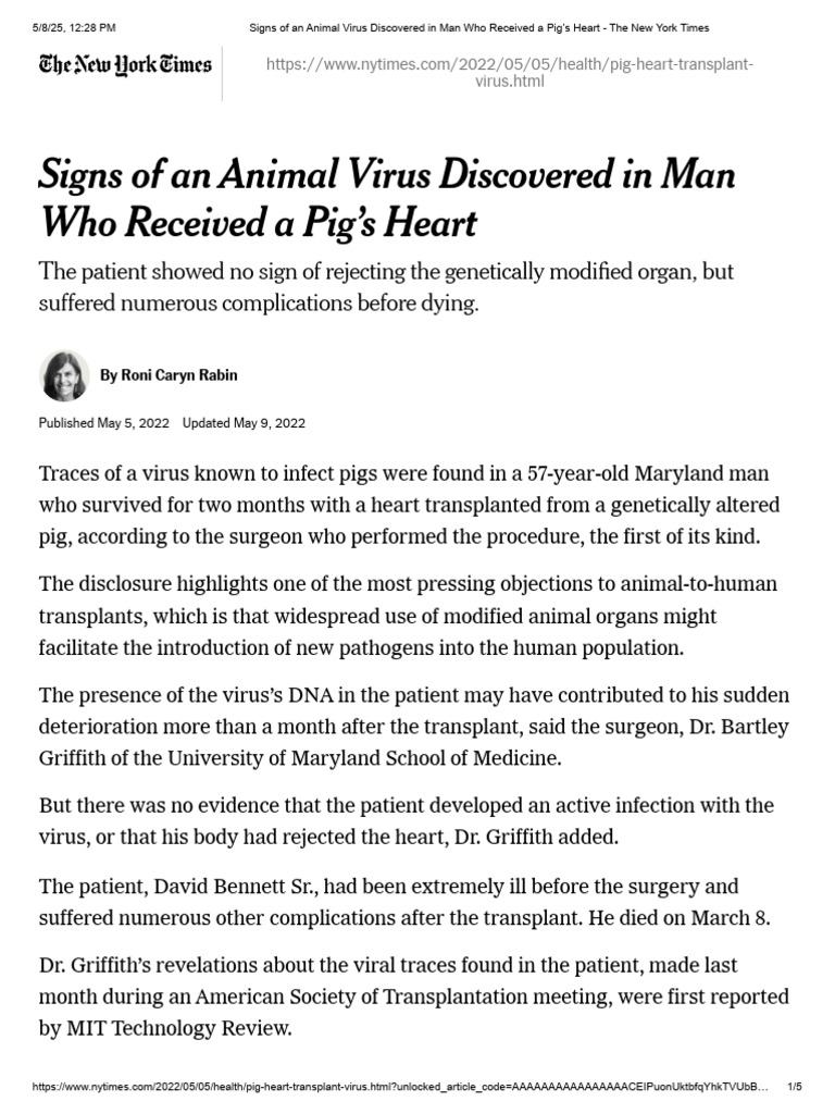 Animal Virus Found in Pig Heart Patient | PDF | Organ Transplantation ...