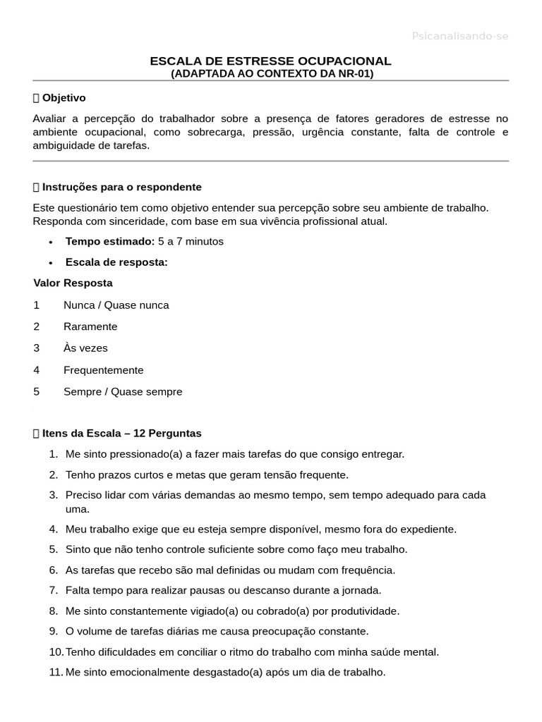Escala de Estresse Ocupacional | PDF | Estresse (Biologia) | Tempo