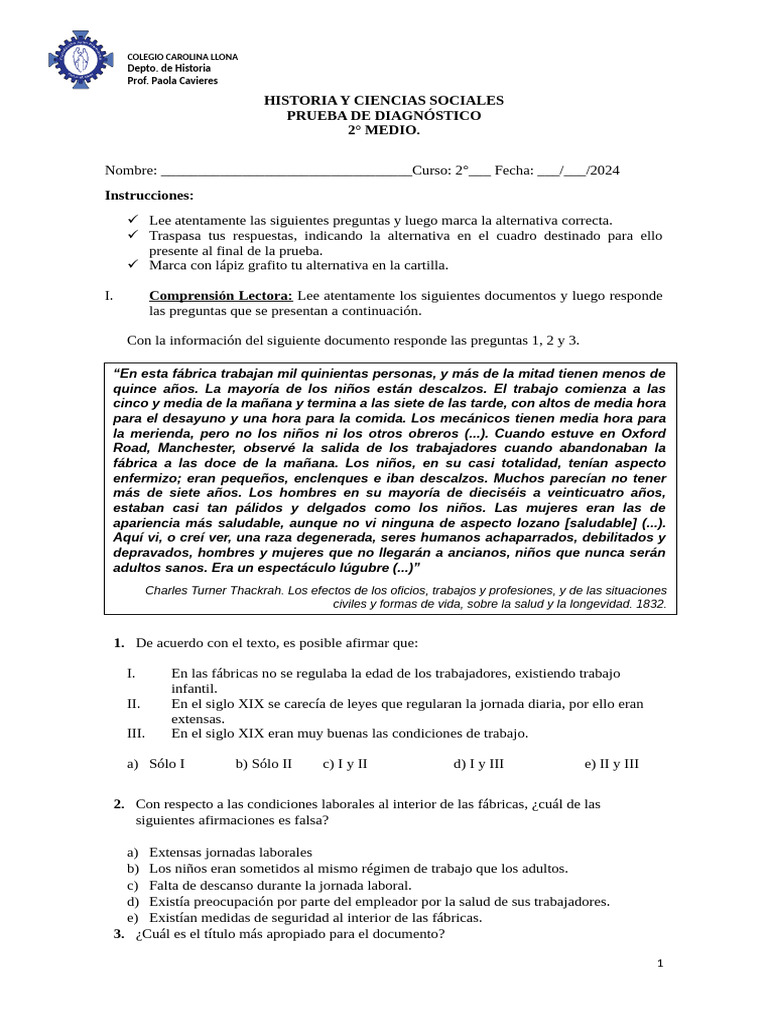 Diagnóstico 2° Historia | PDF | Chile | Agricultura