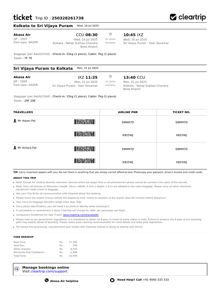 Cleartrip Flight Domestic E-Ticket | PDF | Aviation