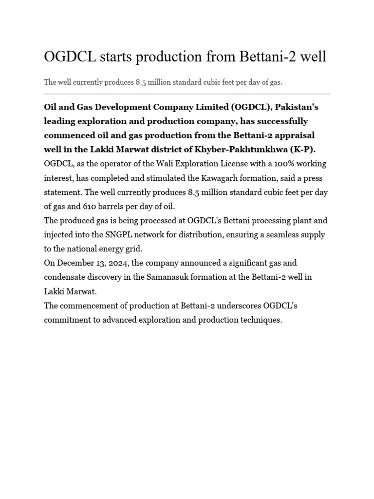 OGDCL Starts Production From Bettani | PDF