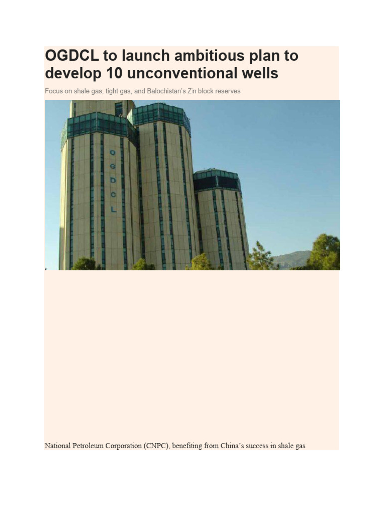 OGDCL To Launch Ambitious Plan To Develop 10 Unconventional Wells | PDF | Natural Gas | Petroleum