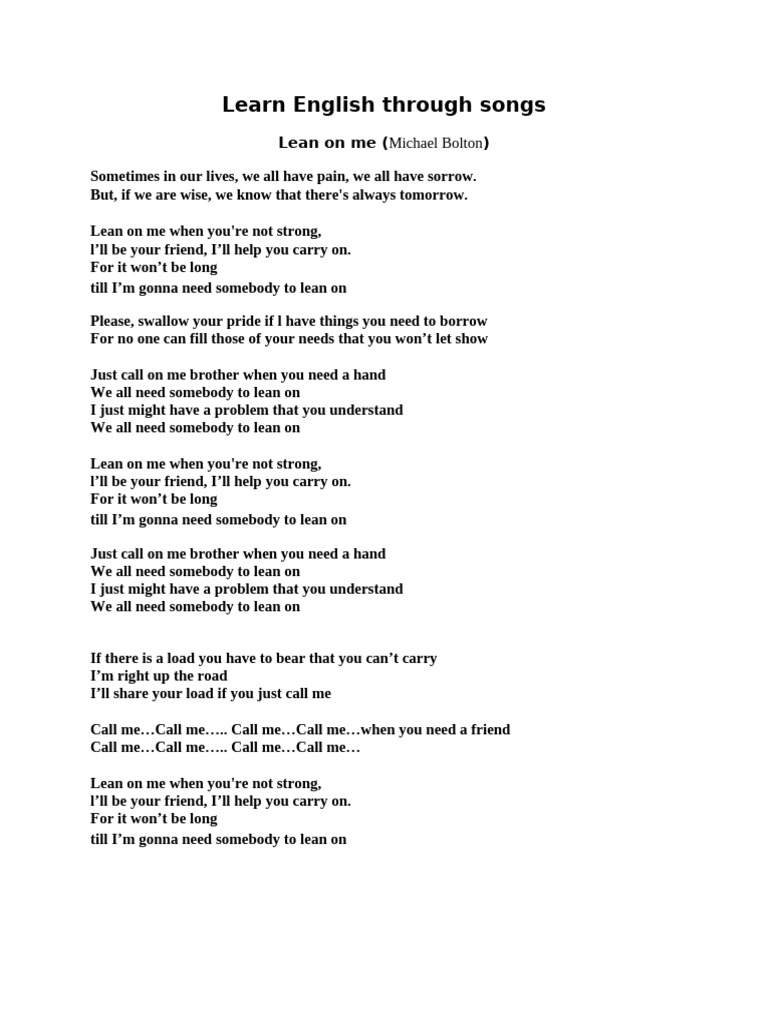 Learn English with "Lean on Me" Lyrics | PDF