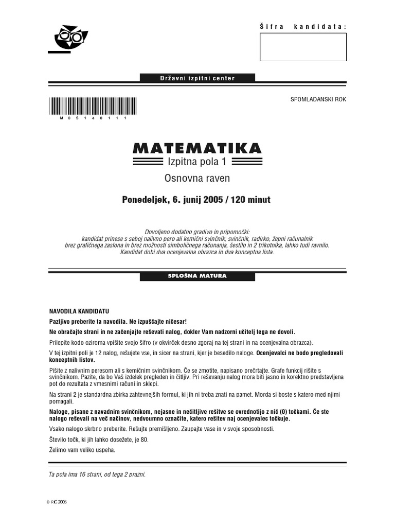 Matematika: Izpitna Pola 1 Osnovna Raven | PDF