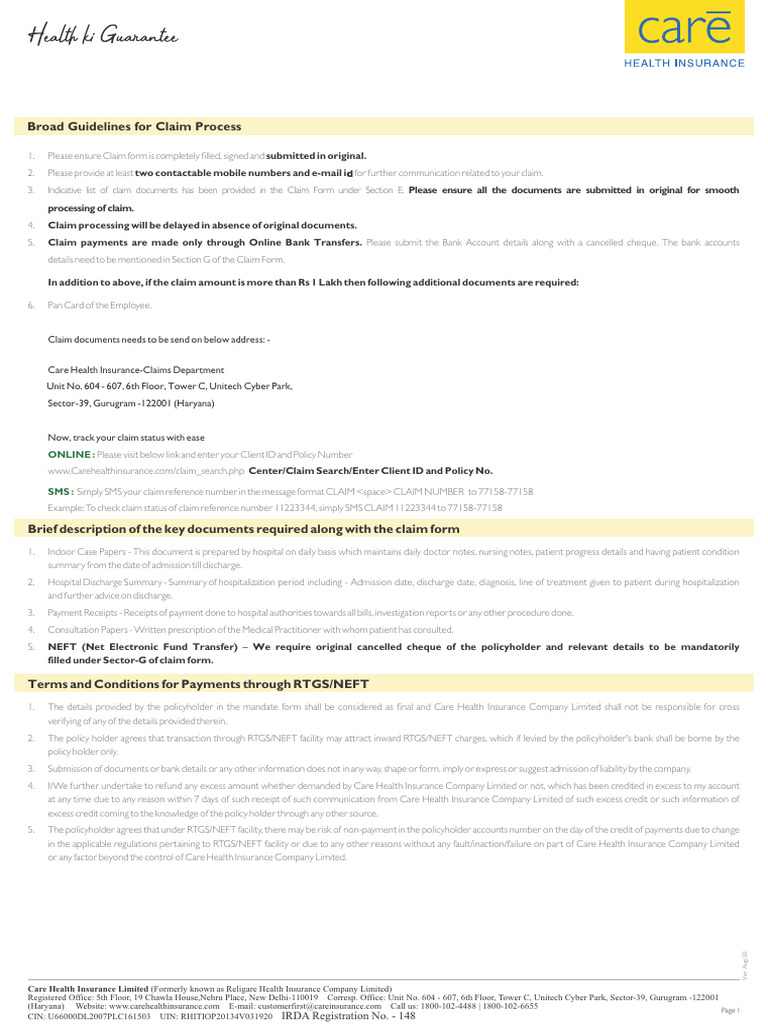 Broad Guidelines For Claim Process: Claim Documents Needs To Be Send On ...