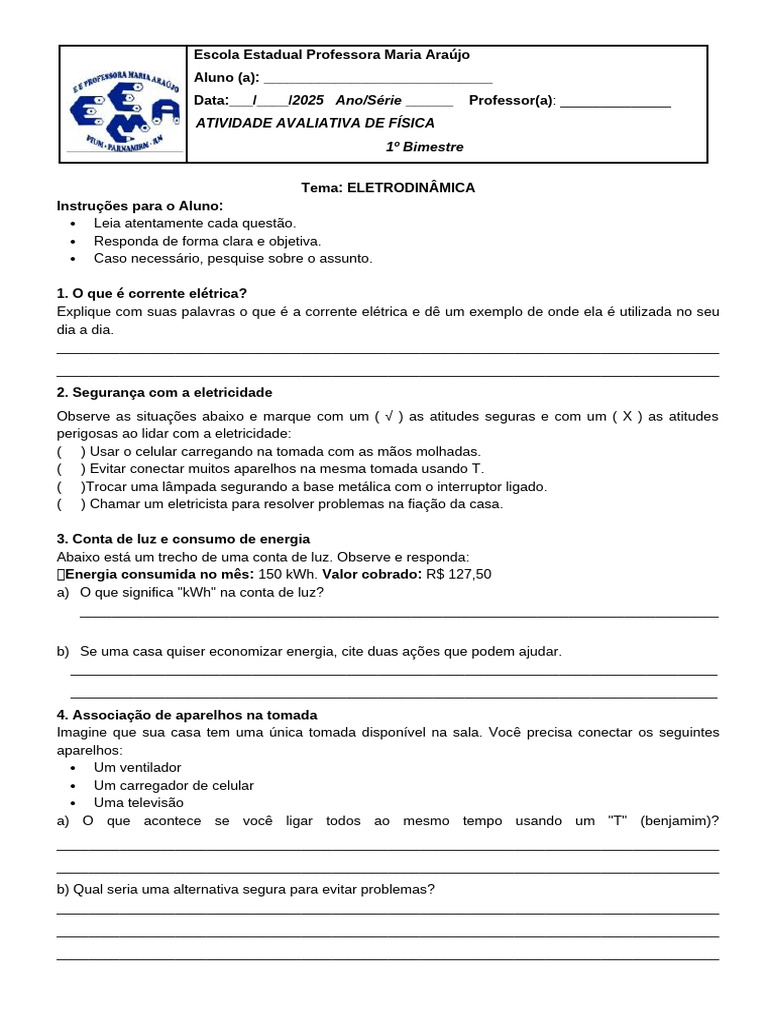 Lista Física 3 Serie Noturno PDF | PDF | Eletricidade