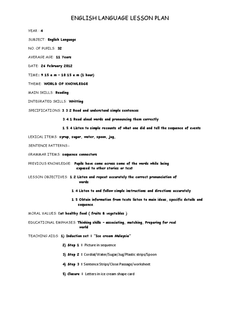 Ice Cream Lesson Plan for Grade 4 | PDF | Lesson Plan | English Language