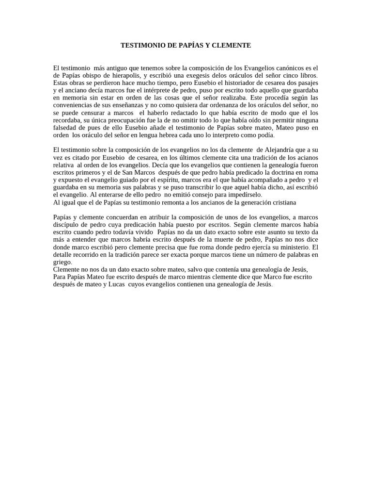 Testimonios de Papías y Clemente sobre Evangelios | PDF | Evangelio de ...