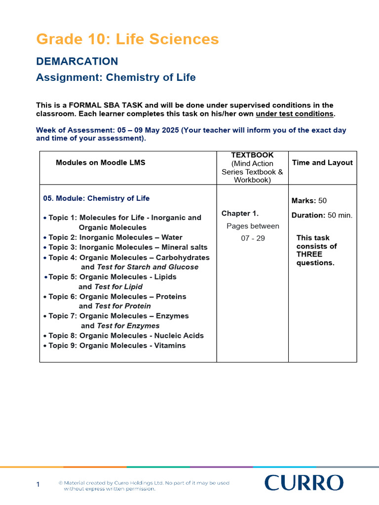 Grade 10 Chemistry of Life Assignment | PDF