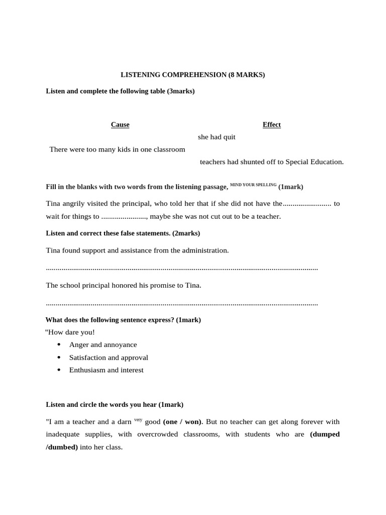 Listening Comprehension (8 Marks) Listen and Complete The Following Table (3marks) | PDF ...