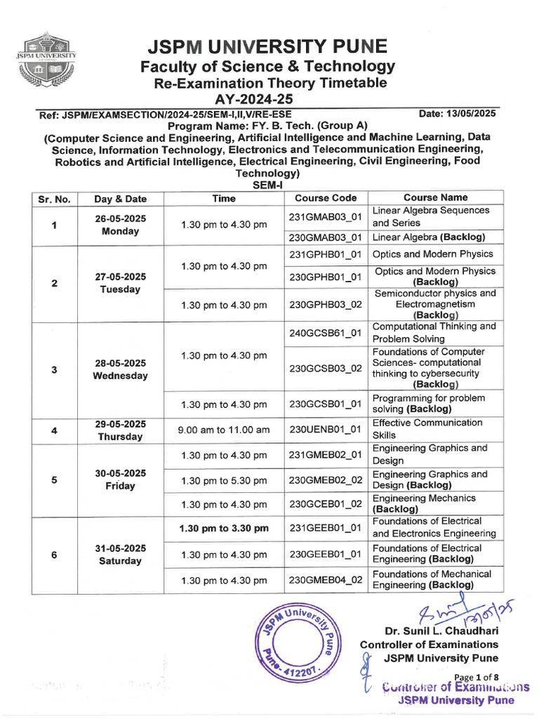 Re-Examination Time Table -FST-Sem I-III-V May 2025 | PDF