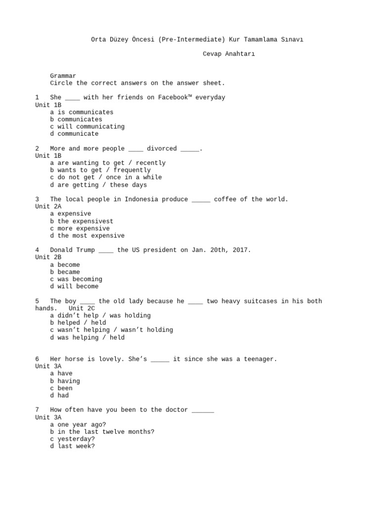 Pre-Intermediate Exam Answer Key | PDF