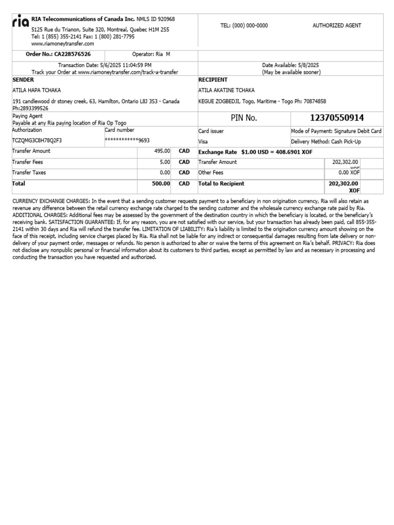 RIA Money Transfer Receipt Details | PDF | Payments | Fee