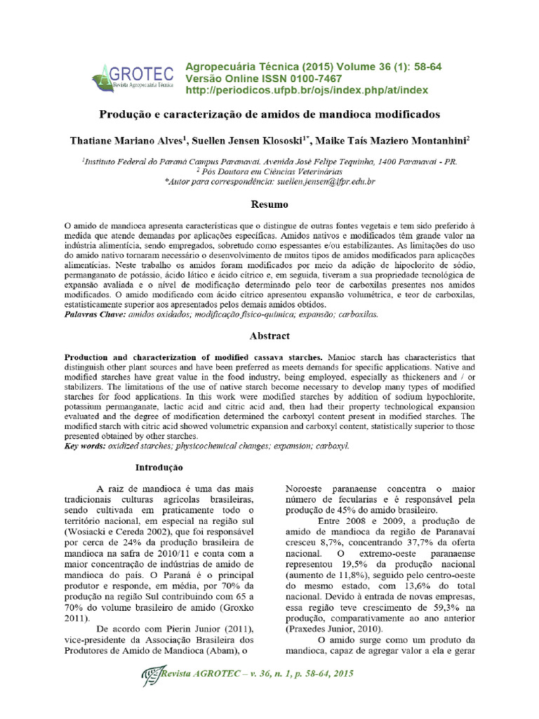 Vista Do Produção e Caracterização de Amidos de Mandioca Modificados | PDF