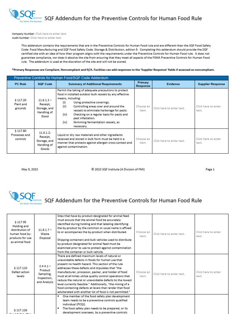 SQF Addendum For The Preventive Controls For Human Food May 2023 | PDF ...