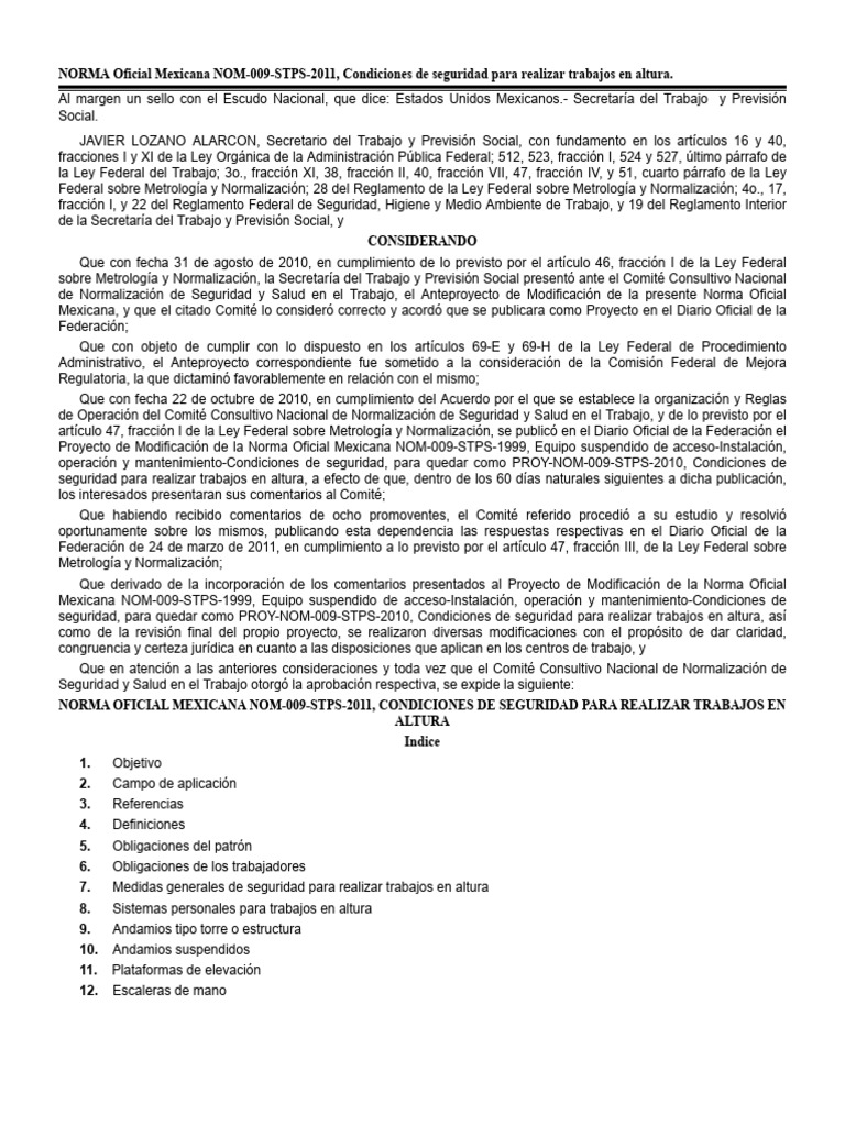NORMA Oficial Mexicana NOM-009-STPS-2011, Condiciones de Seguridad para ...