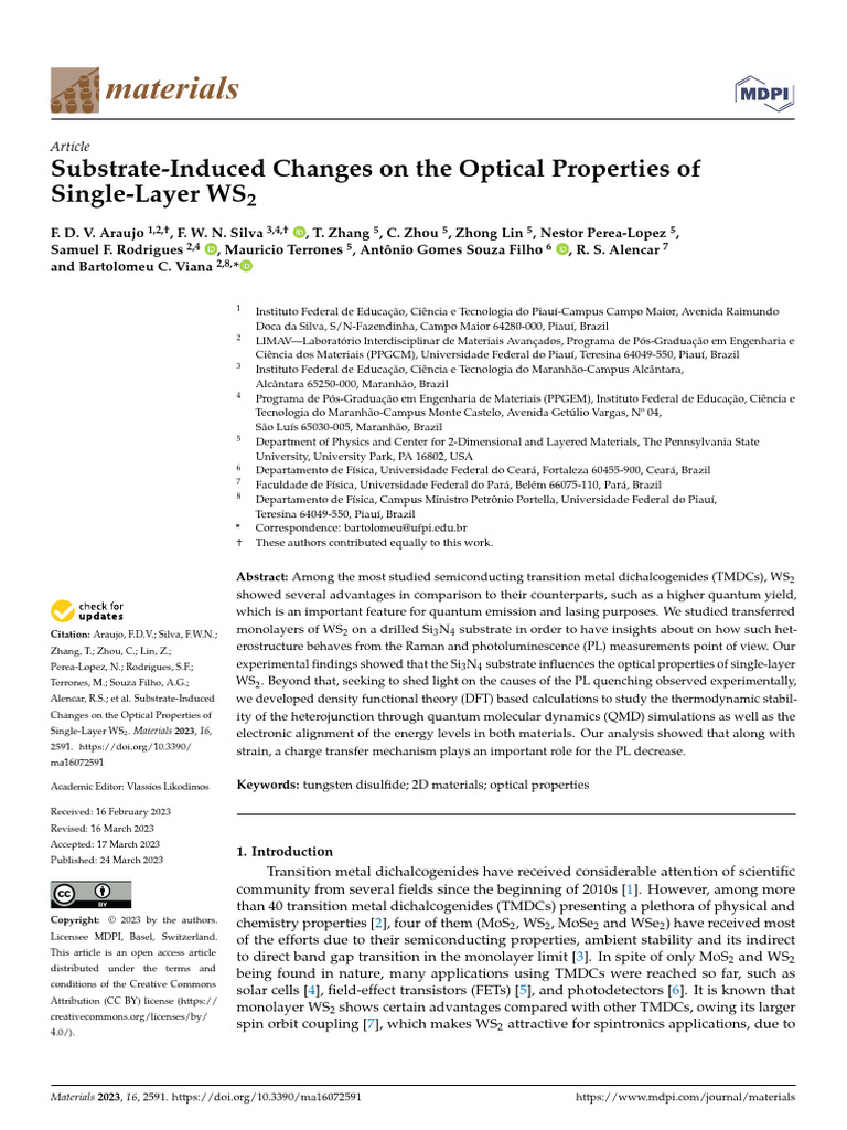2023 - Substrate-Induced Changes On The Optical Properties of WS2 | PDF | Electronic Band ...