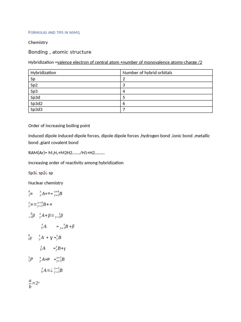 Formulas and Tips in NSMQ | PDF | Chemical Bond | Stoichiometry