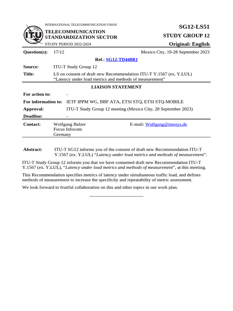 SG12-LS51: Telecommunication Standardization Sector | PDF