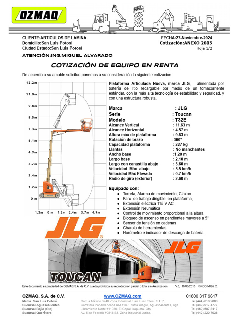 Cotización Renta Plataforma JLG T32E | PDF | Coche
