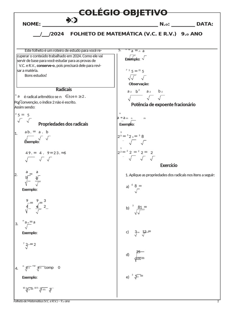 Rv Vc Folheto Matematica 9ano 2024 Aluno (2) | PDF | Equações ...