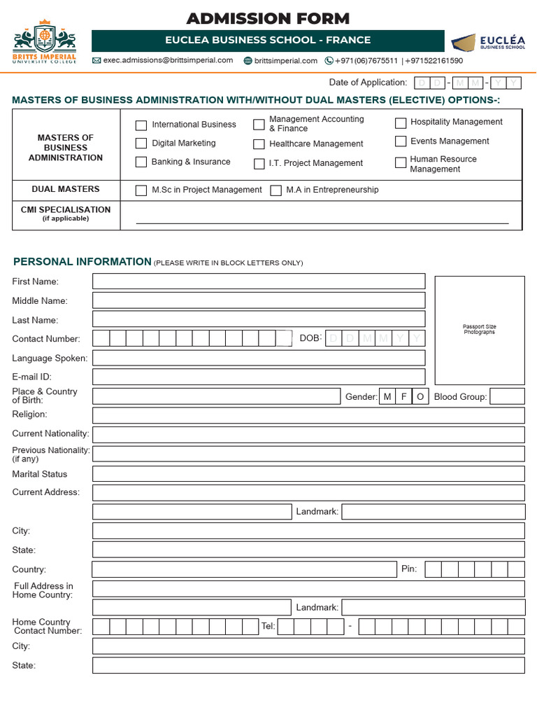 EUCLEA Business School Admission Form | PDF | Travel Visa | University ...