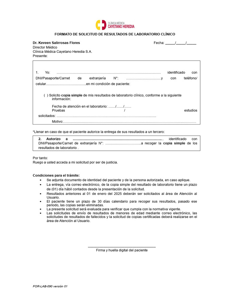 Formato de Solicitud de Resultados de Laboratorio Clínico | PDF