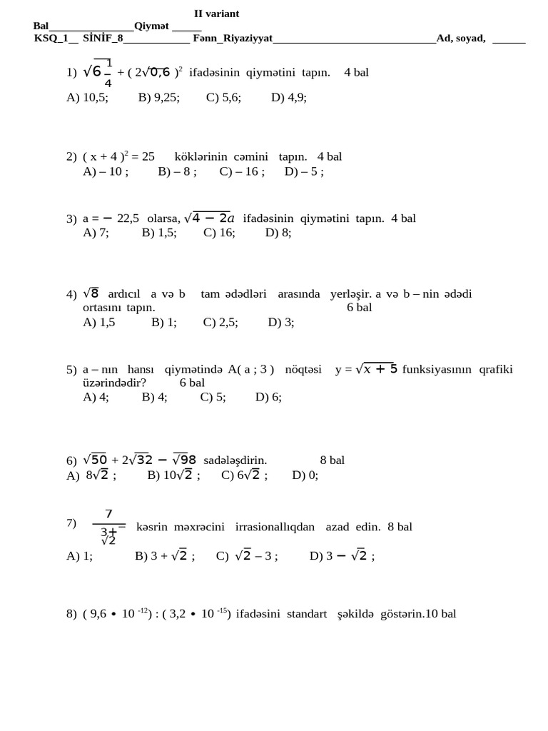 8 Ci Sinif KSQ 1 | PDF