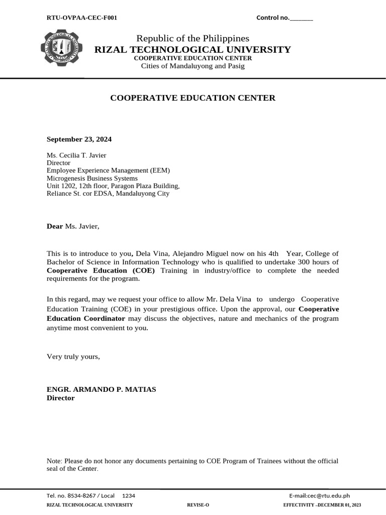 RTU-OVPAA-CEC-F003 Recommendation Letter | PDF