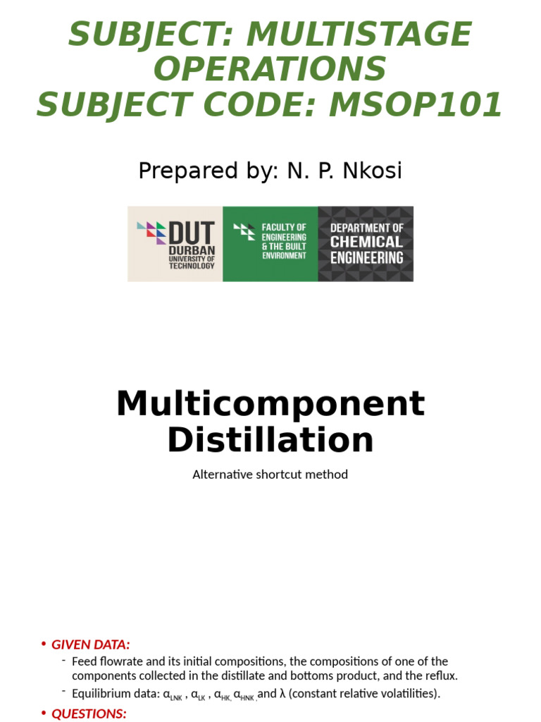 Multicomponent Distillation (Alternative Shortcut Method) | PDF