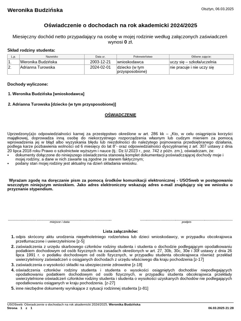 Oświadczenie o Dochodach 2025-03-06 | PDF