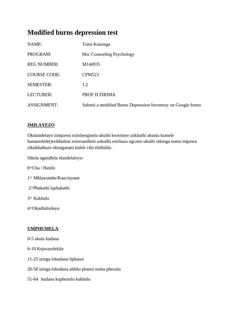 Modified Burns Depression Inventory | PDF | Psychology | Behavioural ...