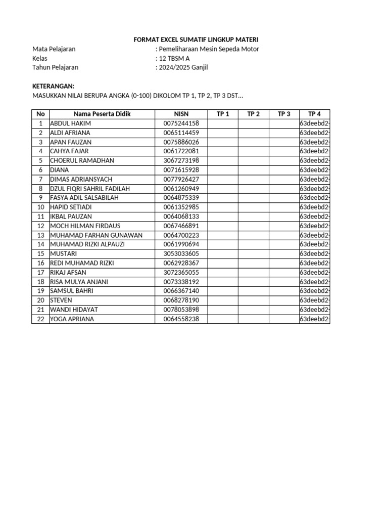 Template Nilai Sumatif Lingkup Materi Pemeliharaan Mesin Sepeda Motor Kelas 12 TBSM A | PDF