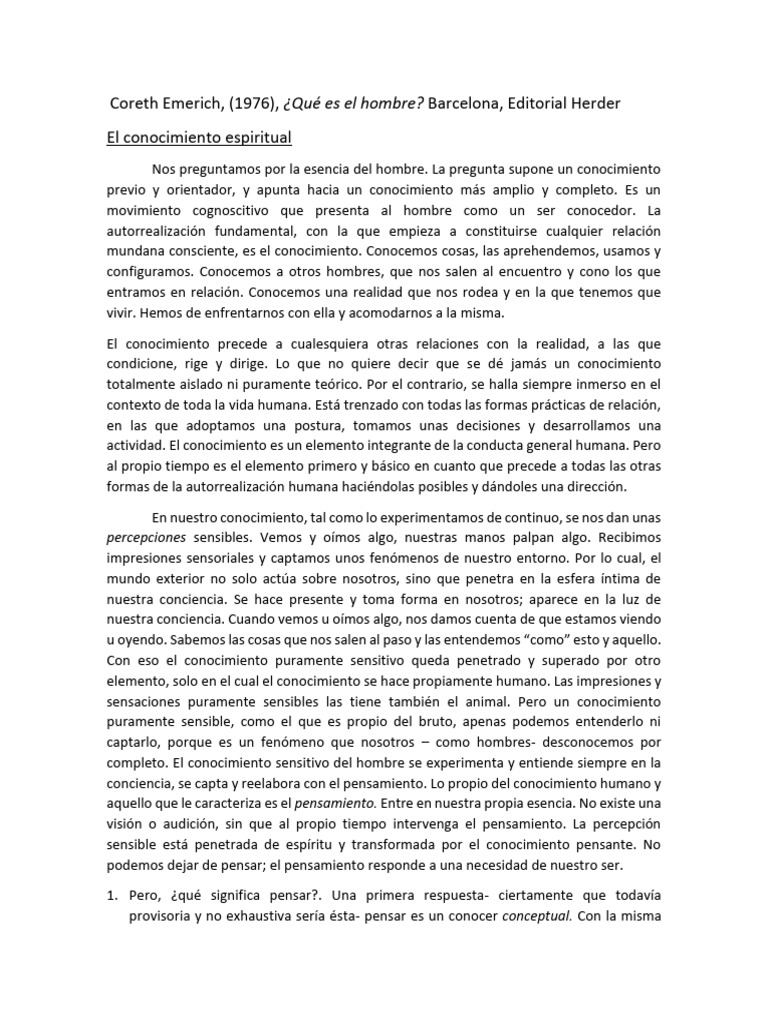 Conocimiento Espiritual Coreth Emerich | PDF | Pensamiento | Existencia