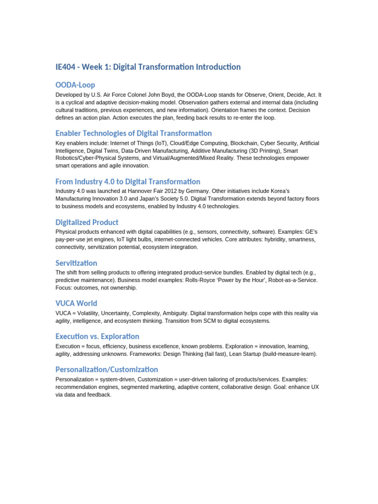 IE404 Week1 Digital Transformation Notes | PDF